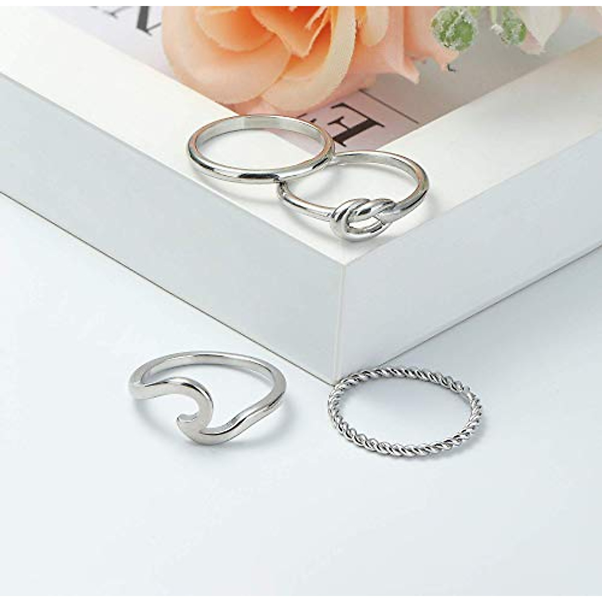 ORAZIO 4 Pcs Silver Wave Rings for Women Twist Knot Band Stackable Rings Stainless Steel Simple Thumb Cute Love Rose Gold Rings Set