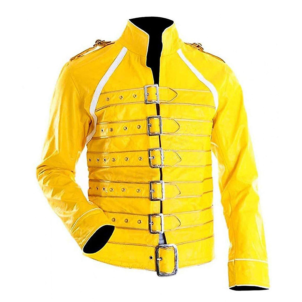 Freddie Concert Queen Yellow Synthetic Jacket Mercury Mens Pop Rock Star Concert Belted Costume 80s Rock Legend Costume Adults Lead Singer Yellow Jacket Outfit