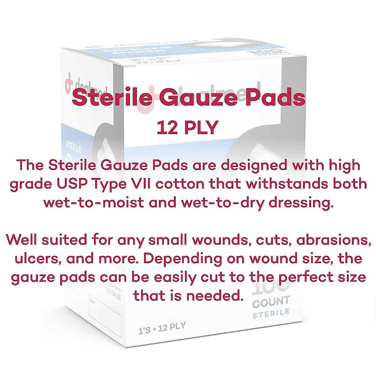 Dealmed Sterile Gauze Pads – 100 Count, 2’’ x 2’’ Disposable and Individually Wrapped Gauze Pads, Wound Care Product for First Aid Kit and Medical Facilities