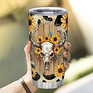 Hyturtle Personalized Gifts For Cow Lover - Skull Cow Sunflower Customized Name Stainless Steel Tumbler 20oz With Lid - Idea Farm Animals Lover Gifts For Women, Girl, kids On Birthday, Christmas