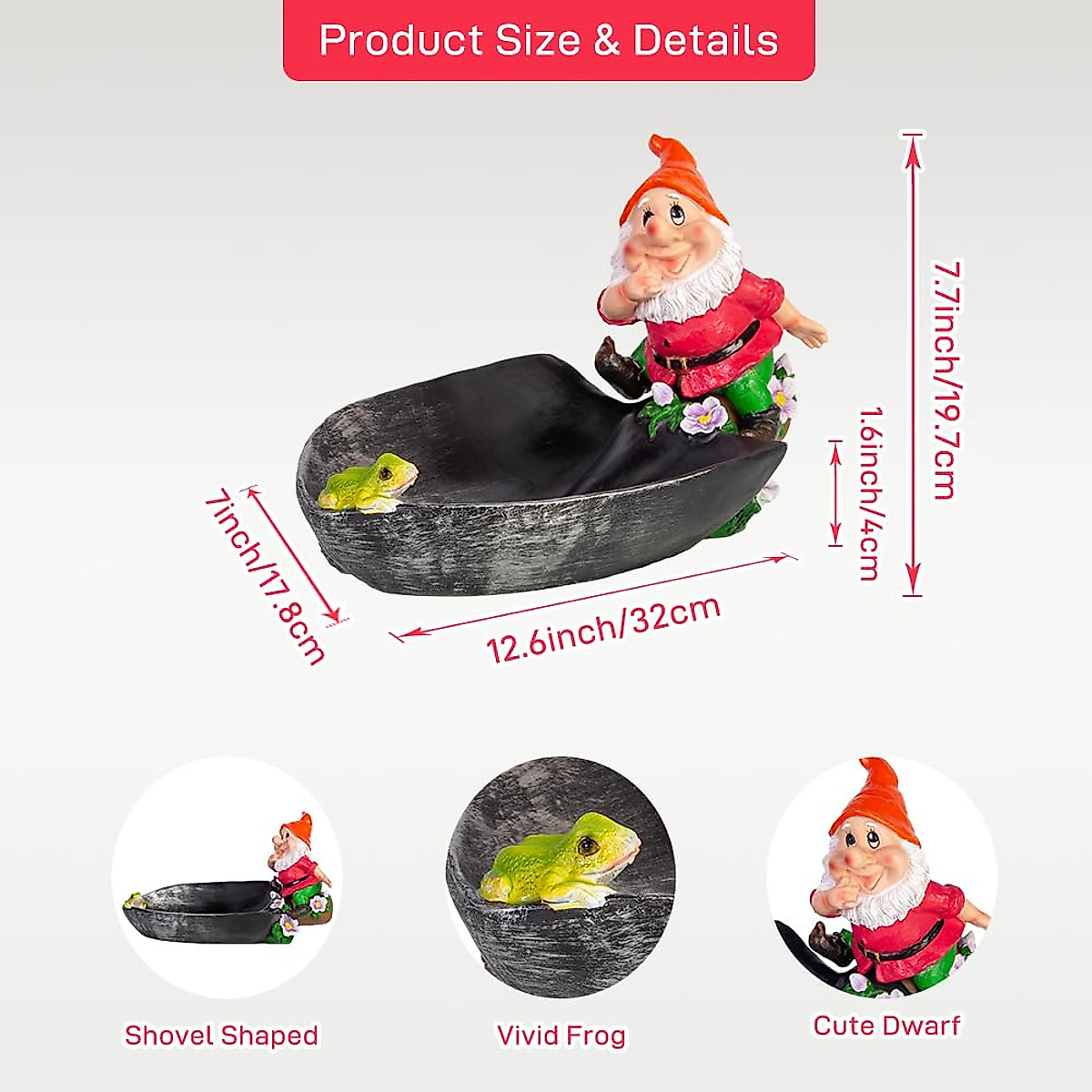 giole Shovel Shaped Bird Bath with Dwarf, Resin Bird Baths for Outdoors, Gnome Birdbath Bowl for Patio Lawn Garden Decor