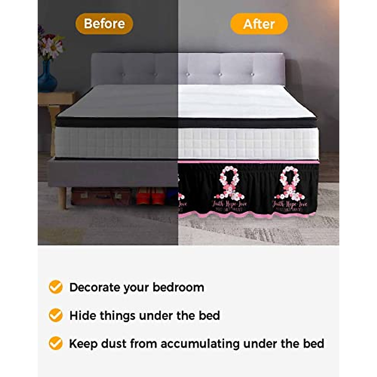 Energy Sympathy Bed Skirt Cal King Size 16 Inch Drop,Adjustable & Elastic Wrap Around Bed Skirts Pleated Dust Ruffles for Twin Full Queen Cal King Bed,Inspirational Positive Healing Thoughts Black