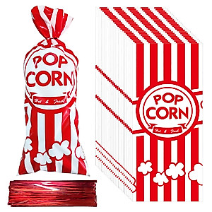 Rainmae 150 Pcs Popcorn Bags for Party, Carnival Party Treat Bags Set, 150 Pcs Cellophane Candy Bags Stripe Cookie Snack Bags with 150 Twist Ties for Christmas Circus Party Favor Supply Cupcake Bags