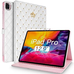 Topwin Cute Crown Case for iPad Pro 12.9-inch (6th & 5th Gen), Bling Diamond PU Leather Smart Auto Sleep/Wake Kickstand Shockproof Flip Case for 12.9 Pro (White)