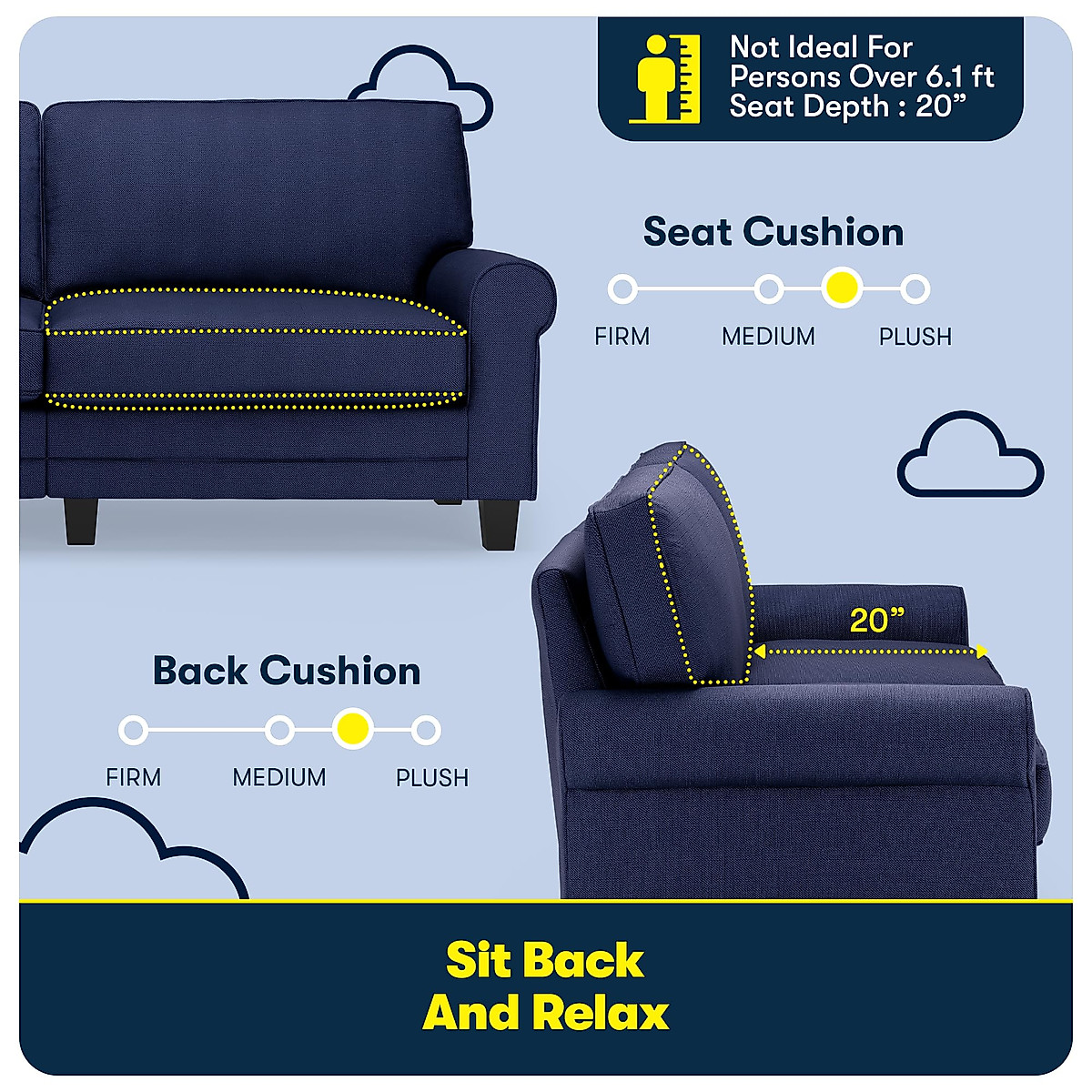 Serta Copenhagen 78" Sofa - Pillowed Back Cushions and Rounded Arms, Durable Modern Upholstered Fabric - Navy Blue