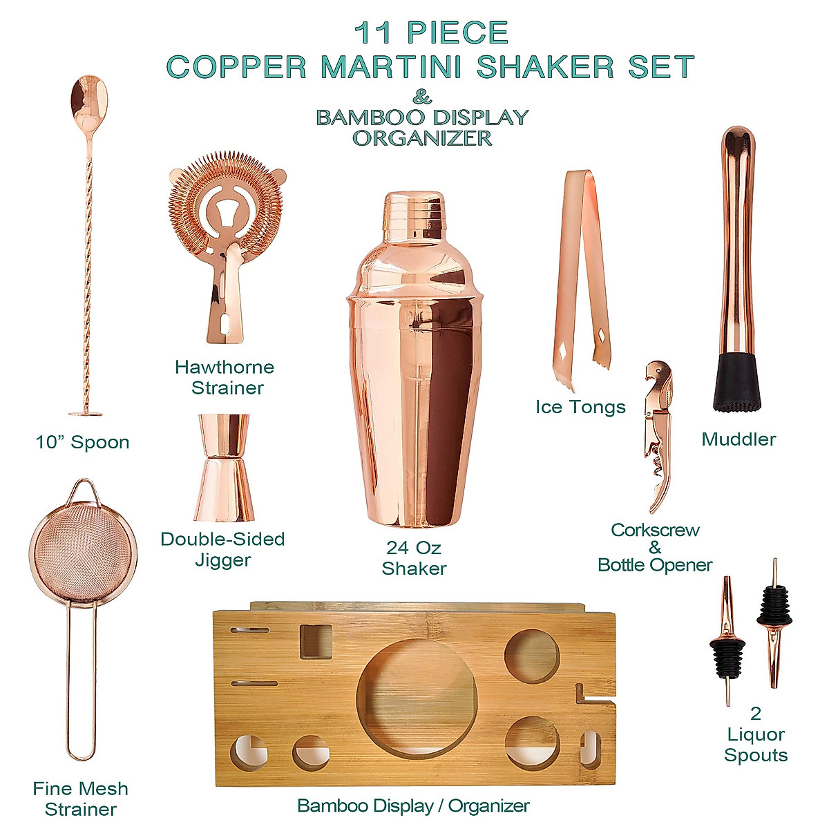 Bartender Kit, Rose Copper Cocktail Shaker set, 11-Piece Set, 24oz Martini Mixer, Muddler, Double Jigger, 2 Liquor Pourers, Mixing Spoon, Ice Tong, Strainer Set, Beer and wine opener with Bamboo Stand