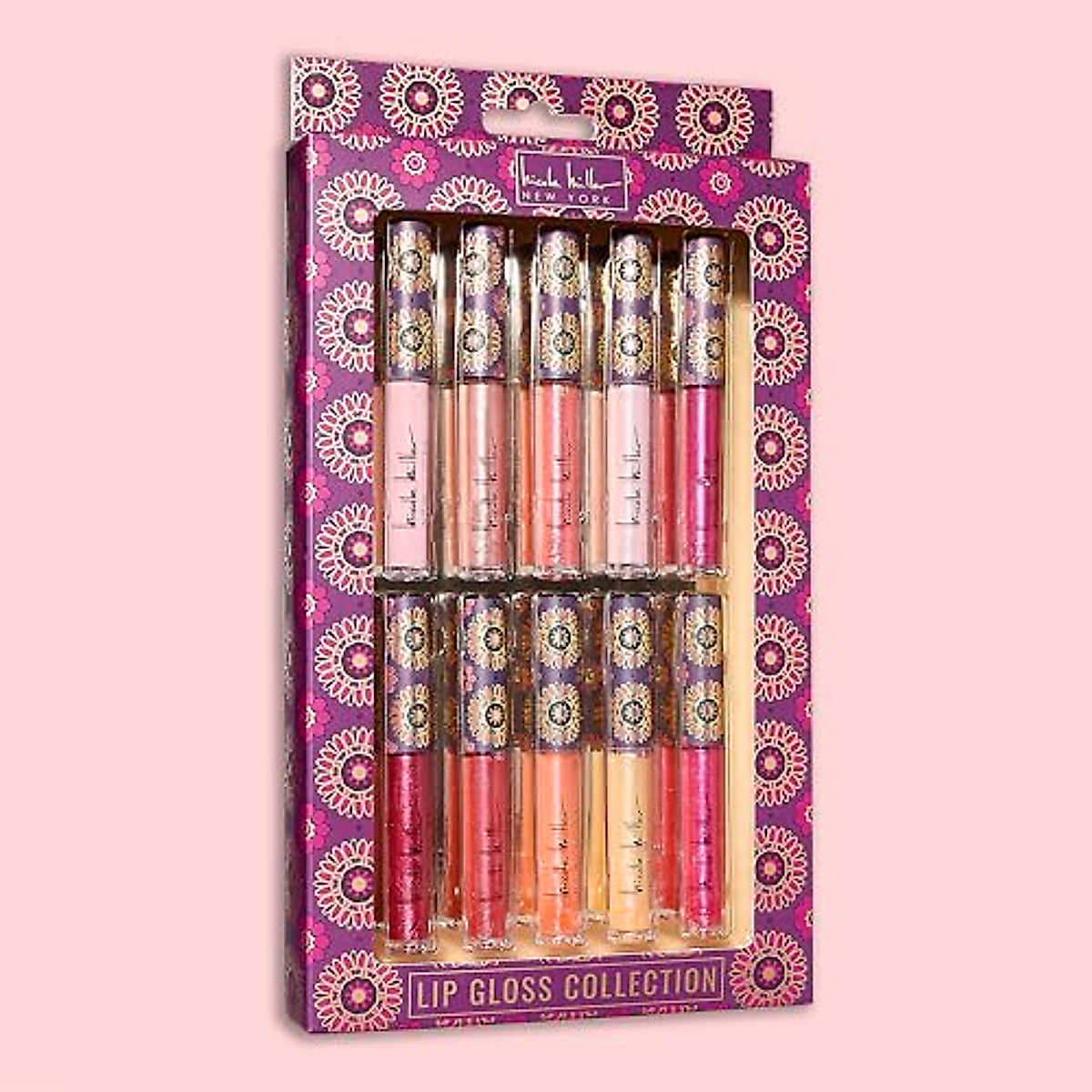 Nicole Miller Lip Gloss Collection Shimmery Glosses for Women and Girls Long Lasting Color Set with Rich Varied Colors, Pink Shimmer, 10 Count (Pack of 1)