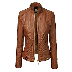 Lock and Love LL WJC747 Womens Dressy Vegan Leather Biker Jacket L Camel