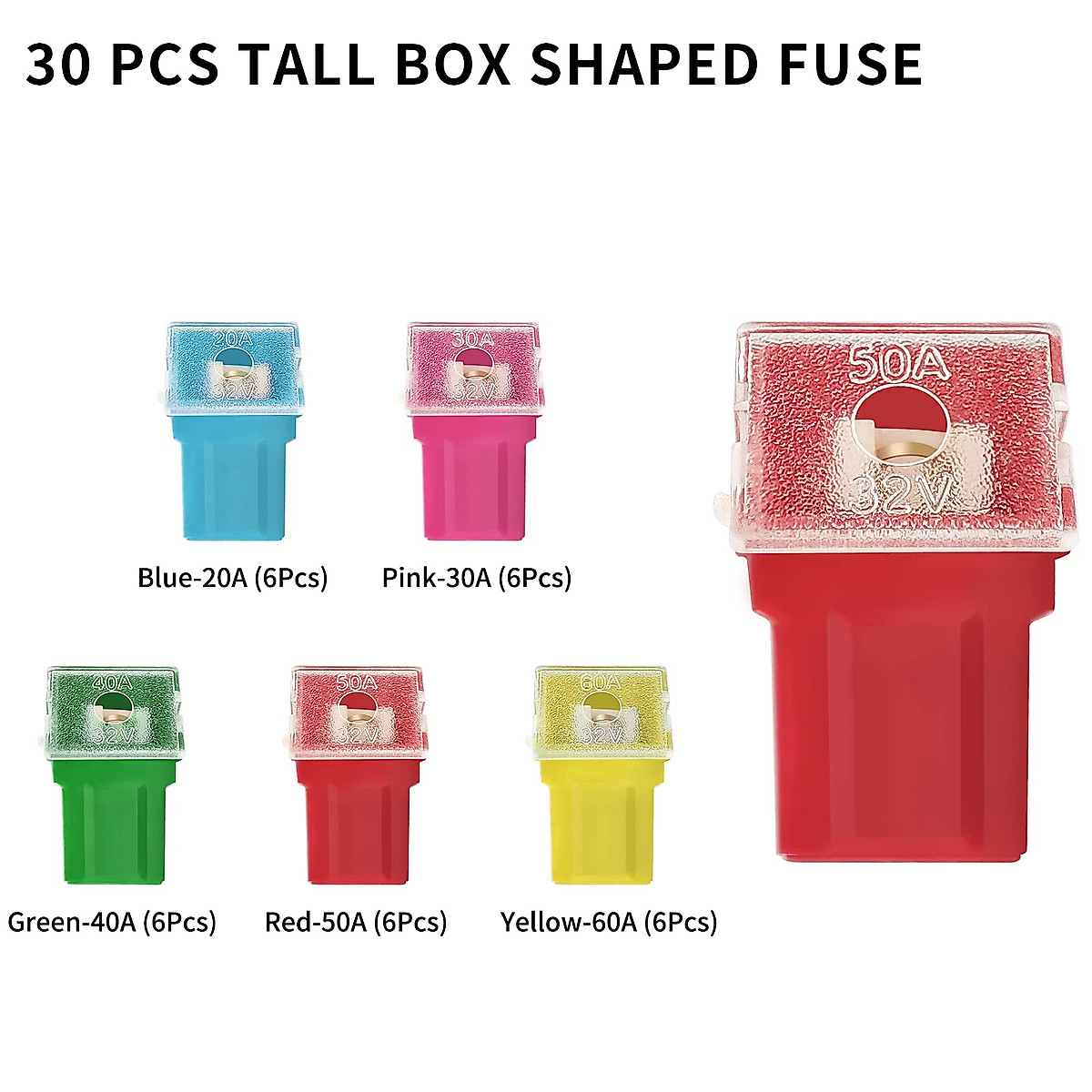 MuHize Shaped Assorted Fuses - Upgraded Tall/Standard Profile Automotive Box Shaped Fuse Kit, Fuse Female Assortment 20A 30A 40A 50A 60A (Each 6) for Ford Chevy, Cars and SUVs