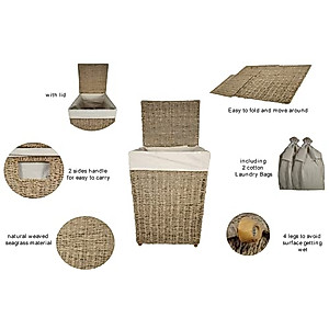 The Acacia Store 100% Natural Square Seagrass Laundry Hamper with 2 100% Cotton Laundry Bags, Foldable with 4 legs made from Bamboo, 2 handles, made in Vietnam, 16 x 16 x 24 inches