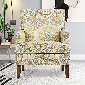 Vaztrlus Accent Chairs Living Room Floral Print Fabric Club Chair Tufted Wingback Chair Reading Arm Reading Chairs for Bedroom Comfy(Beige Yellow)