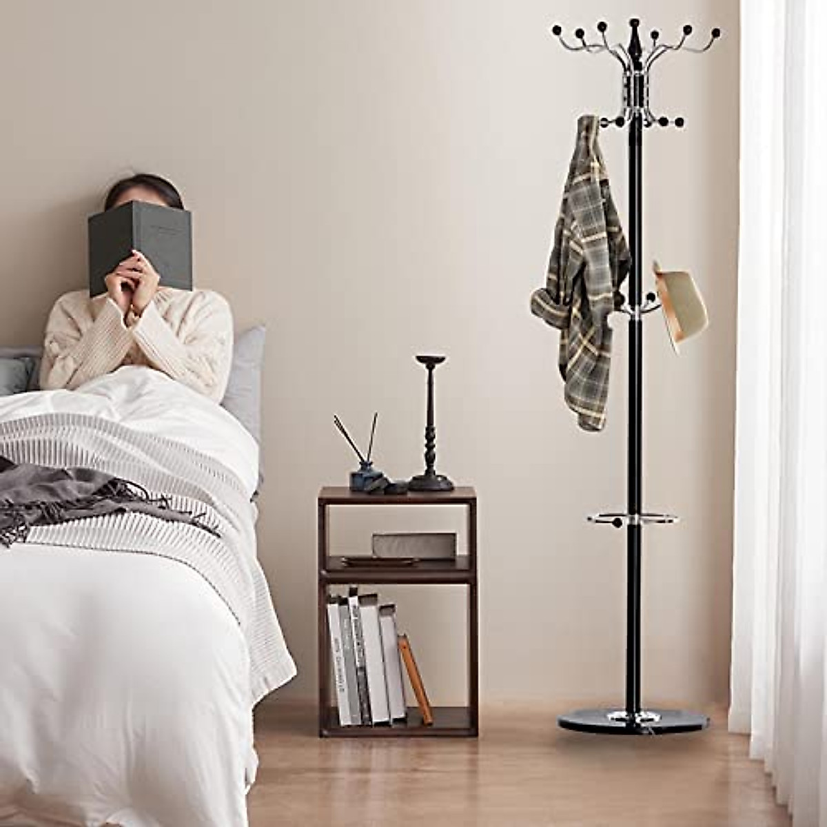 TNUEEIO 67" Metal Coat Rack Stand,Freestanding Swivel Coat Hanger Stand with Heavy Duty Marble Base and 16 Hooks，for Entryway, Home, Office, Coats, Jackets, Hat,Scarf (Black)