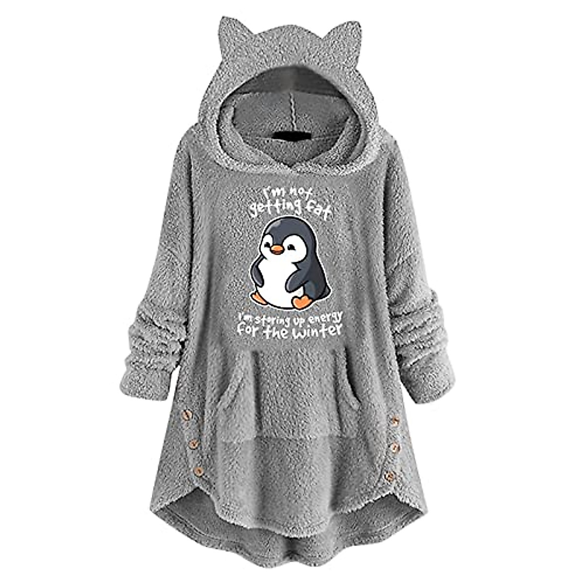 WOSHUAI Onesie Pajamas for Women, Warm & Soft Fleece Short Cat Ear Hooded Pjs Turtleneck One-Piece Cartoon Graphic Tees Romper, WOSHUAI, A#gray, X-Large
