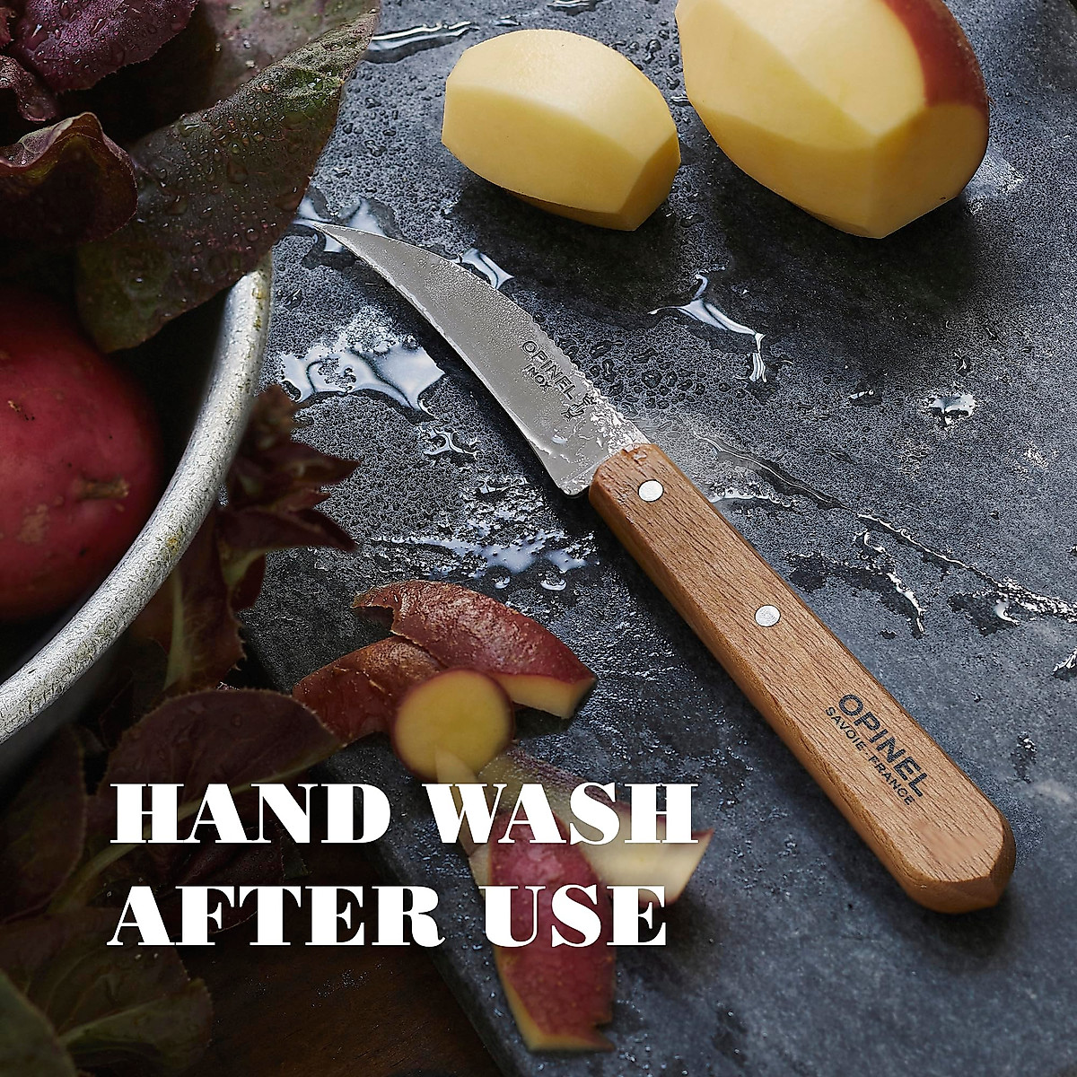 OPINEL Essential Single Kitchen Knife, Cooking Tool Bird's Beak Knife, Veggie Knife, Painted Hornbeam Wood Handles, Made in France (No. 114, Blue)