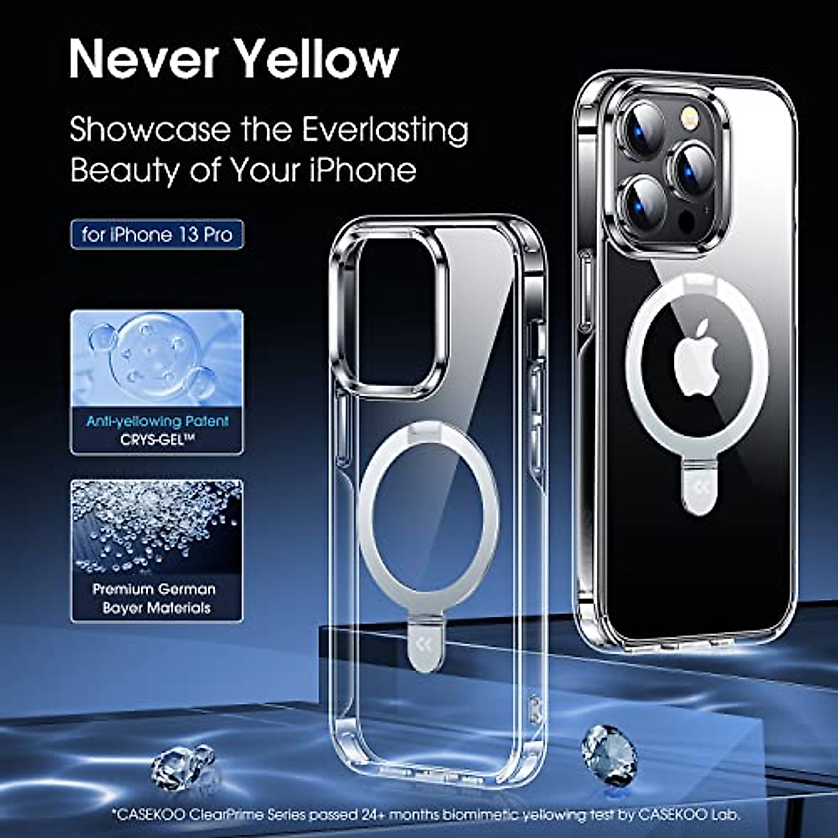 CASEKOO Magnetic Clear for iPhone 13 Pro Case with Invisible Stand [Never Yellow] [Compatible with MagSafe] Protective Shockproof Slim Transparent Phone Cases for Women Men 6.1 Inch 2021, Clear