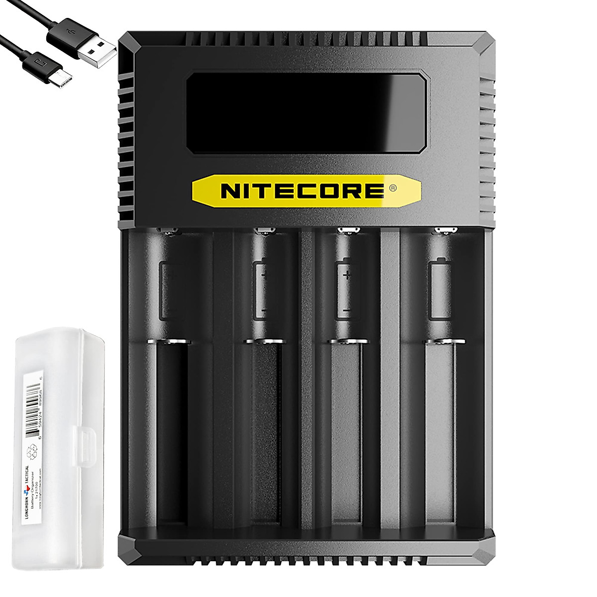 Nitecore Ci4 Four Bay Universal Battery Charger Support 16340 14500 18650 21700 Lithium Ion AA AAA Ni-MH Ni-CD, USB-C QC PD with Lumentac Battery Organizer