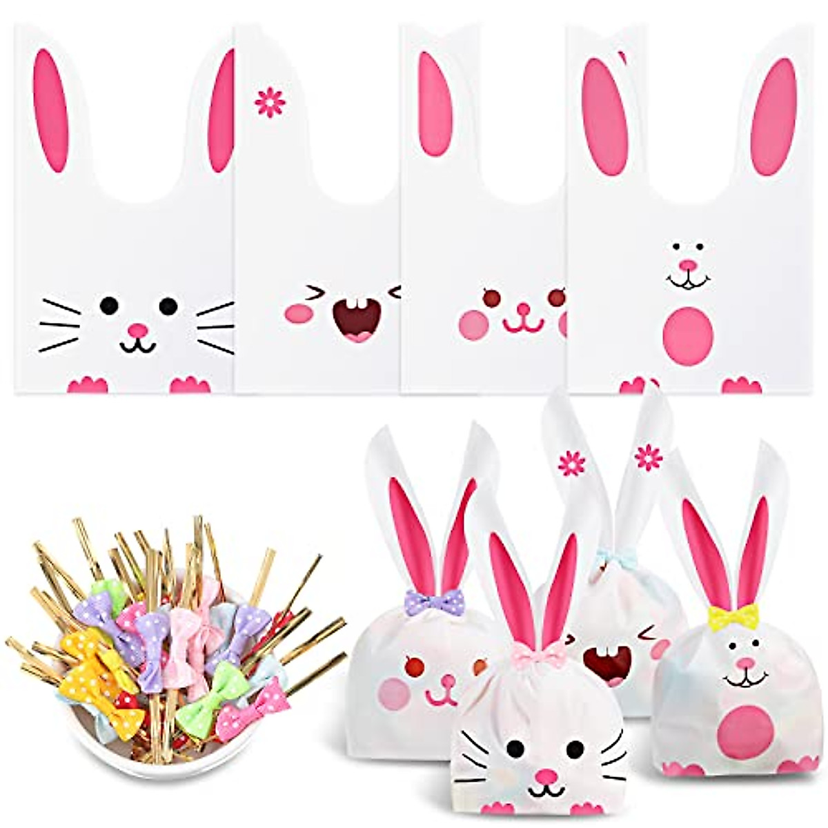 100 Pcs Cute Bunny Long Ear Candy Gift Bags Easter Goodie Bags Easter Bunny Gift Bag Plastic Easter Party Treat Bags with 100 Twist Tie Bow for Party Favors, Wedding Birthday Supplies