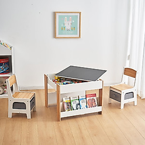Asweets Kids Table and Chair Set,4 in 1 Toddler Desk with Storage Drawer,Wooden Activity Table for 2 in 1 Detachable Tabletop,Bookshelve,Suitable for Classroom,Home, Nursery, Playroom (Natural White)