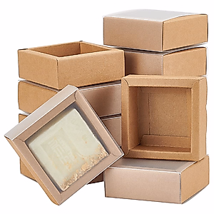 BENECREAT 12 Packs Small Square Brown Kraft Boxes Heavy Duty Paper Gift Box with Clear PVC Windows 3.3x3.3x1.2 for Party Favor Treats, Bakery, and Jewelry Packaging