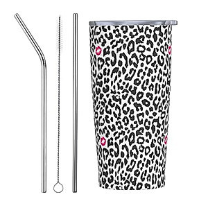 20oz Tumbler Classic Leopard Lipstick Double Wall Vacuum Insulated Coffee Mug with Lid and Metal Straw Brush Reusable Stainless Steel Water Bottle Travel Cup Gifts for Car Ice Drinks Hot Beverage