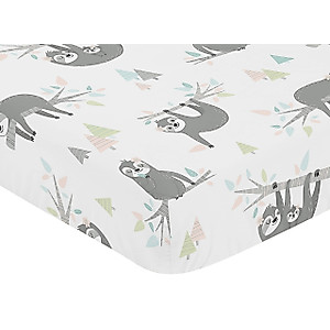 Sweet Jojo Designs Pink and Grey Jungle Sloth Leaf Girl Baby or Toddler Nursery Fitted Crib Sheet - Blush, Turquoise, Gray and Green Botanical Rainforest