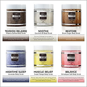 Body Scrub, Gifts for Women & Men, 6pc Exfoliating Body, Face, Hand, Foot Scrub, Himalayan Salt, Brown Sugar, Coconut, Arabica Coffee, Acne, Stretch Marks & Cellulite Remover, Essential Oils