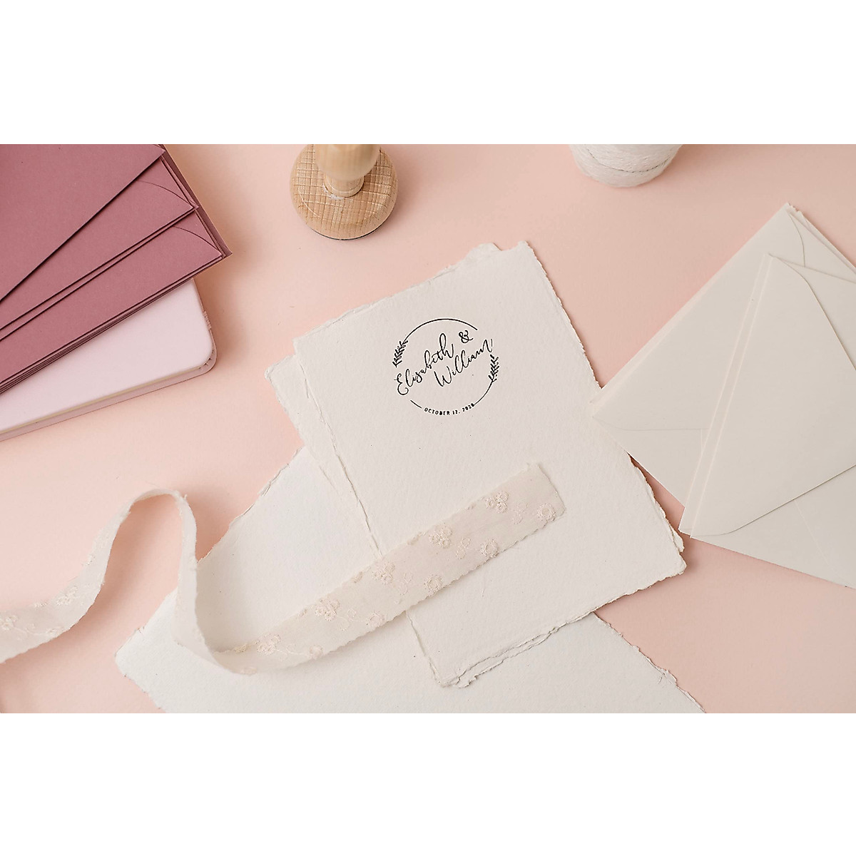 Stamp by Me | Custom Wedding Stamp | Wedding Stamp | Personalized Stamp | 12 Exclusive Designs | Wooden Stamp | Ideal for Envelopes and Wedding Invitations | Names and Date | Circular Flower Wreath