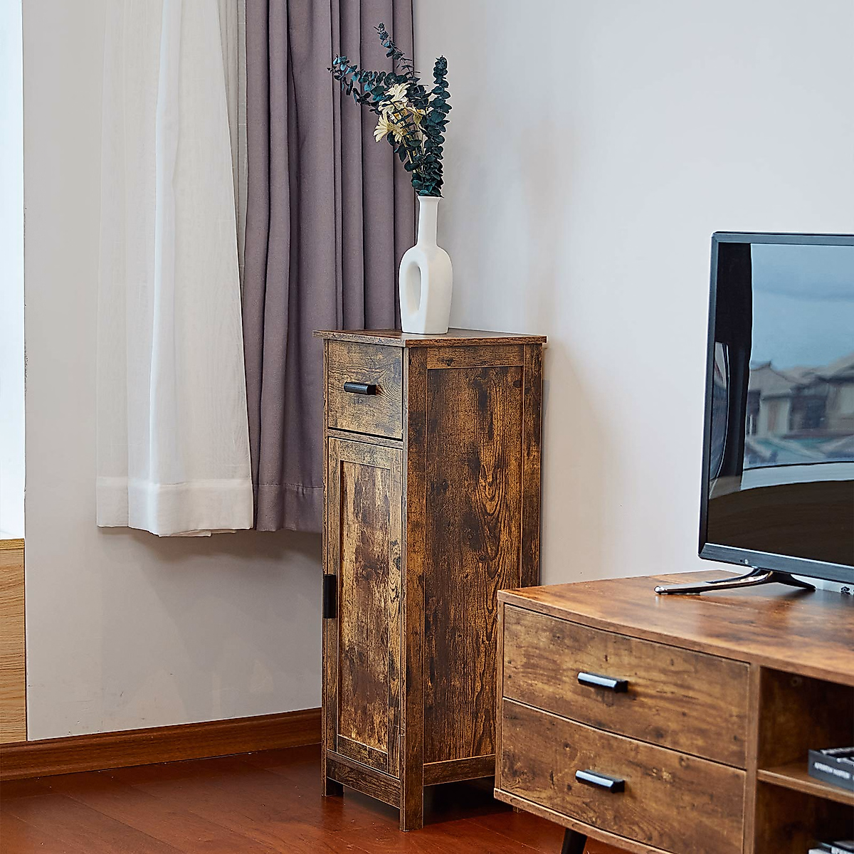 Tianlang Retro Industrial Storage Cabinet,Floor Cabinet with 1 Drawer and 1 Doors,Multifunctional Cabinet for Living Room,Kitchen,Bathroom,Easy to Place Stable Wood Frame，Retro Brown LJBC001F