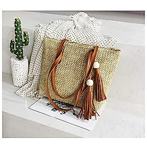 QTKJ Women Summer Straw Beach Bag Handwoven Big Tote Leather Shoulder Bag Handbag with Beaded Tassel Decorate (Khaki)