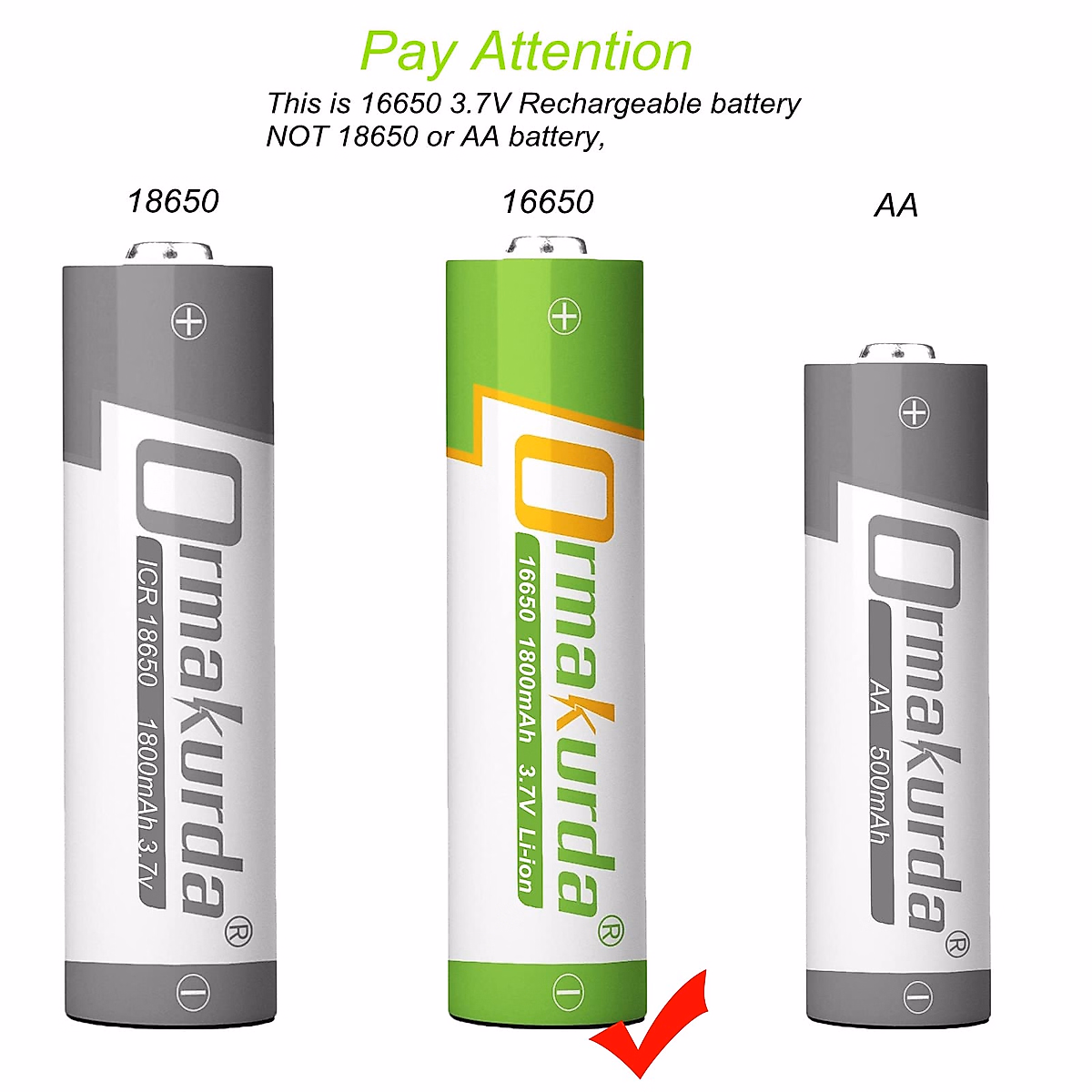 Ormakurda 16650 Rechargeable Battery, 16650 Battery 1800mAh 3.7V Li-ion Rechargeable Batteries with Button Top for Flashlights Torches (2Pack)