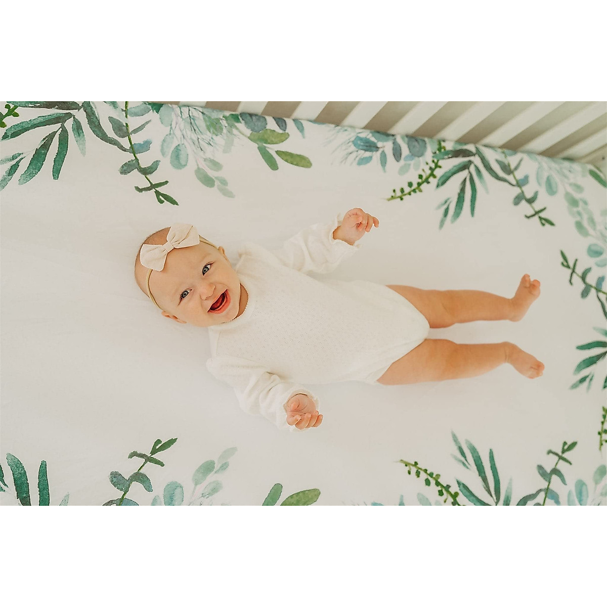 NODNAL CO. Leafy Pack n Play Playard Portable Mini Crib Fitted Sheet for Baby Mattress - Jersey Knit Cotton Unisex Girl/Boy for Pack and Play - Gender Neutral Floral Eucalyptus (Leafy Border)