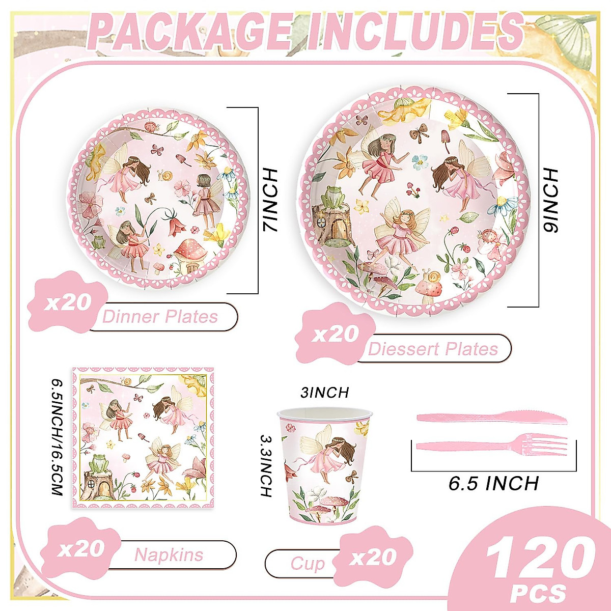 120PCS Fairy Party Supplies for Girls 1st 2rd First Birthday Fairies Enchanted Themed Baby Shower Party Decorations Garden flower Tableware Set Paper Plates Napkins Forks for 20 Guests
