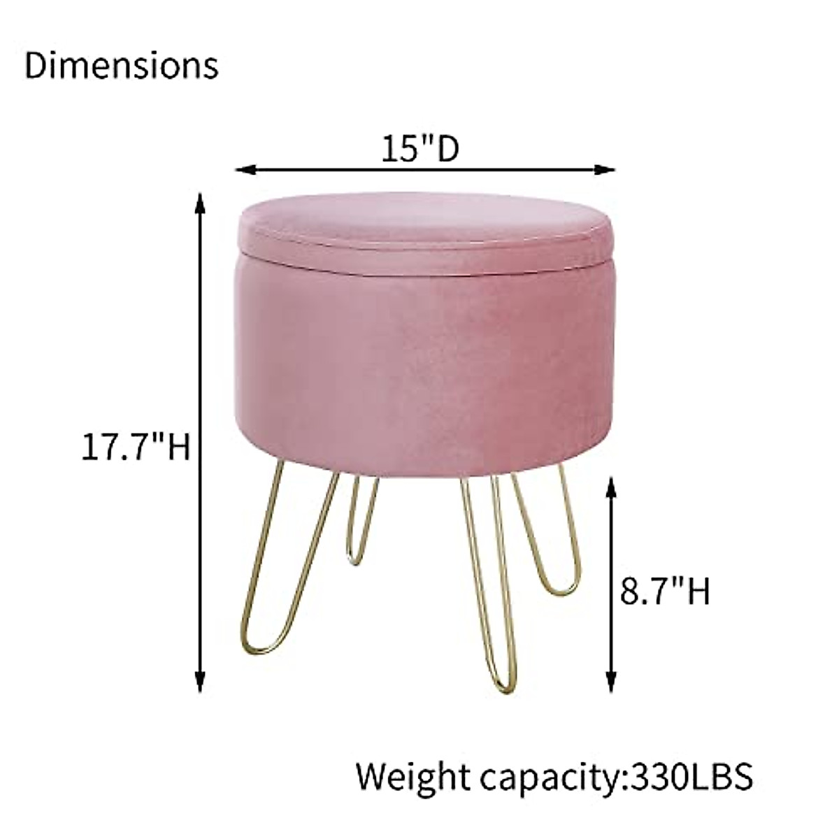 SOFT ASS Fashionable Velvet Round Storage Ottoman Footrest Stool with Vanity Chair and Tray Top Coffee Table/Gold Metal U-Legs (Deep Pink)