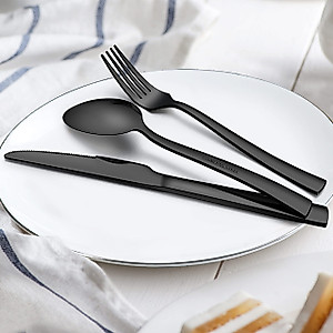 Homikit 66-Piece Shiny Black Silverware Set with Serving Utensils, Stainless Steel Square Flatware Cutlery for 12, Home Restaurant Eating Utensils with Fork Spoon Knife, Mirror Polish, Dishwasher Safe