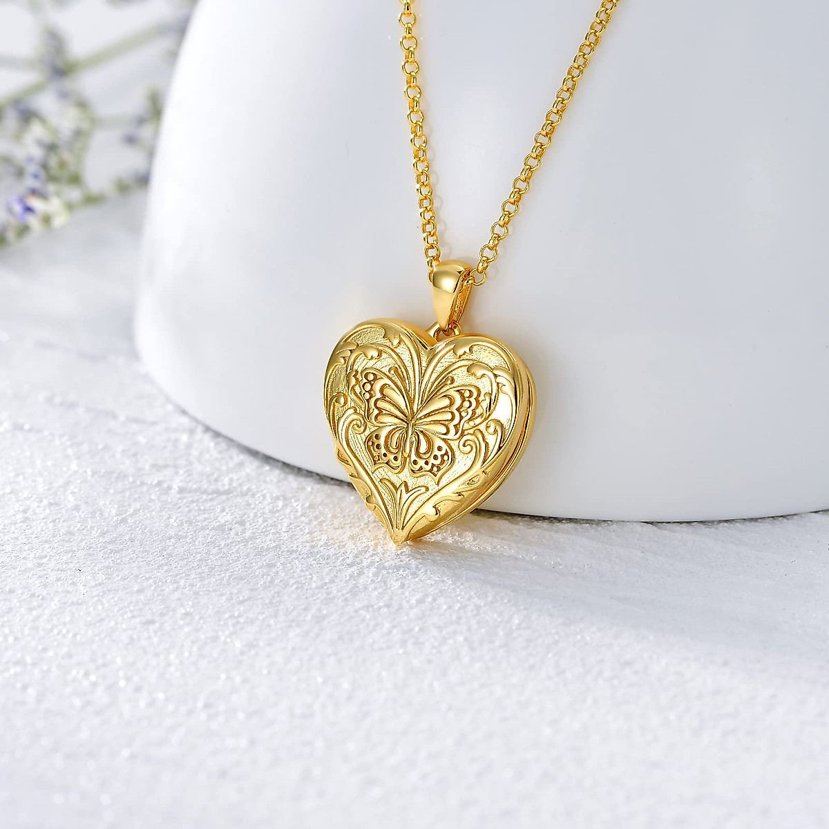 SOULMEET 18k Gold Plated Silver Butterfly Heart Locket Necklace That Holds 2 Picture,20" (Locket only)