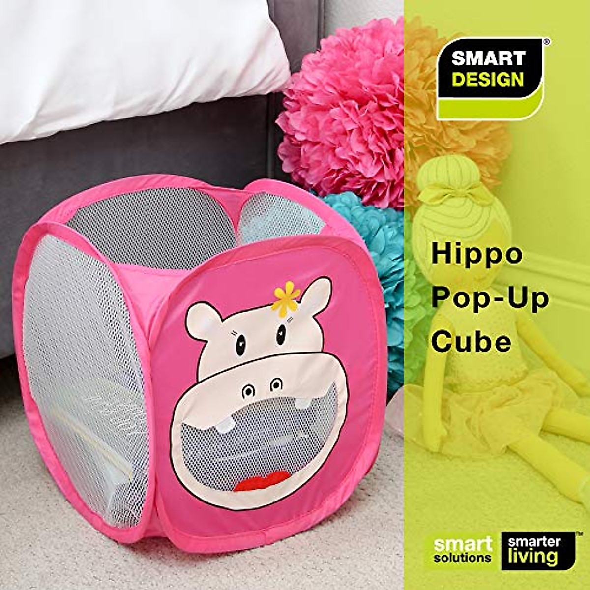 Smart Design Kids Pop Up Organizer with Animal Print - Set of 4 - VentilAir Mesh Netting - for Toddlers, Baby Clothes, Plushies, and Toys - Home Organization - Cube - 10.5 x 11 Inch - Pink Hippo