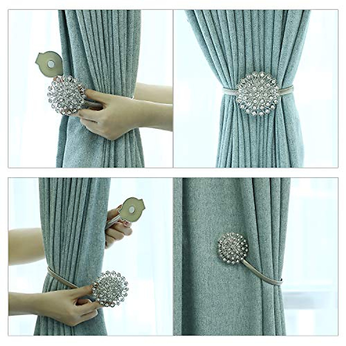Lewondr Curtain tie Magnetic, 1 Pair Sparkling Crystal Flower Curtain Tieback Stretchy Curtain Buckle Clips Curtain Bind Stainless Spring Wire Magnetic Drapery Holder - Silver