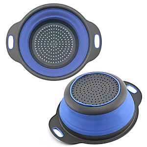 Round Silicone Blue Colander Collapsible – Foldable Kitchen Strainer Small Collapsible Colander Blue with Plastic Handles for Draining Vegetable and Fruit Round Silicone Kitchen Strainer for Pasta