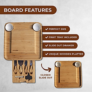 Cheese Board Natural Bamboo Platter with Knife and Forks Set with Ceramic Bowls dubaBoo Charcuterie Platter and Serving Meat, Cheese Board with Slide Out Drawer, Gift for Any Occasion.