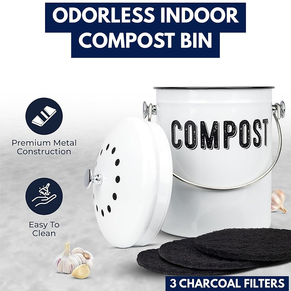 Granrosi Compost Bin Kitchen, Kitchen Compost Bin Countertop, Indoor Compost Bin, Countertop Compost Bin with Lid, 100% Rust Proof Compost Bucket w/ Non-Smell Charcoal Filters, 1.3 Gallon - White