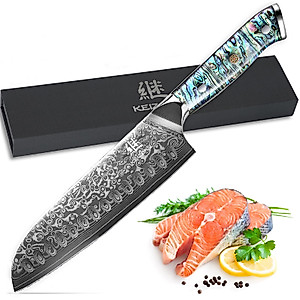 KEIZOKU Damascus Steel Santoku Knife 7 Inch, Japanese Professional 10Cr15MOV Blade with Hand Forged Hammer Pattern, Ultra Sharp Kitchen Knife with Abalone Shell Ergonomic Handle