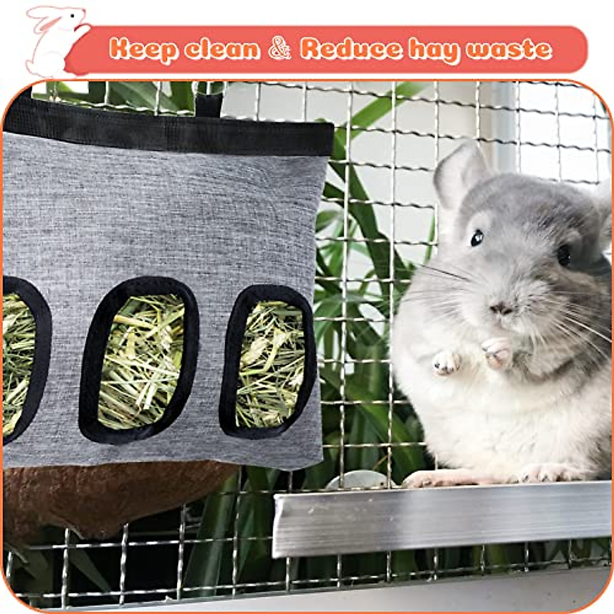 Rabbit Hay Feeder Bag, Guinea Pig Hay Feeder Storage with 3 Holes, Small Animal Pet Large Hanging Hay Feeder,600D Oxford Fabric (Gray)
