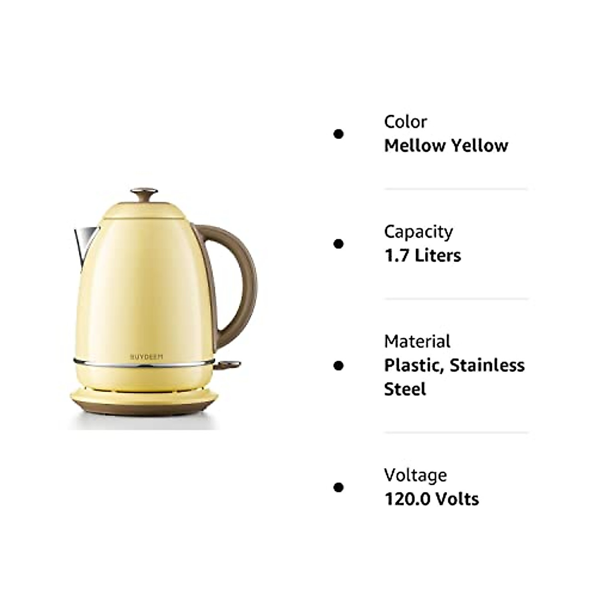 BUYDEEM K640 Stainless Steel Electric Tea Kettle with Auto Shut-Off and Boil Dry Protection, 1.7 Liter Cordless Hot Water Boiler with Swivel Base, 1440W, Mellow Yellow