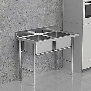 Bonnlo Commercial 304 Stainless Steel Sink 2 Compartment Free Standing Utility Sink for Garage, Restaurant, Kitchen, Laundry Room, Outdoor, 35.8" W x 21.3" D x 40" H