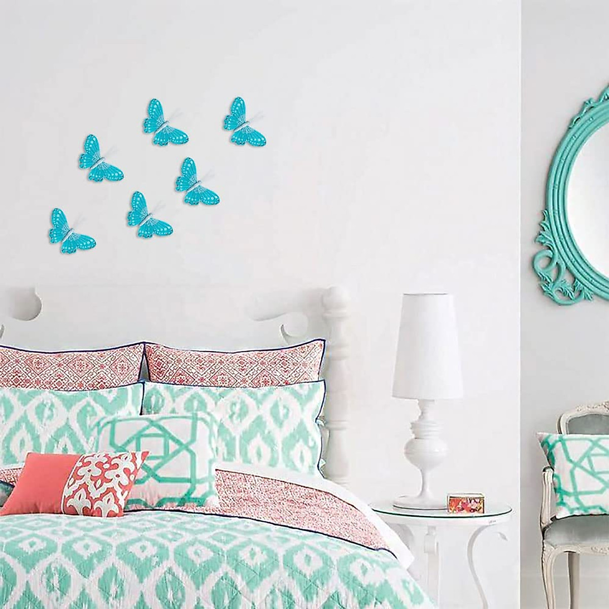 3D Teal Butterfly Wall Decor: Set of 6 Real Feather Butterflies Wall Stickers with Pearls for Girls Bedroom Baby Shower Wedding Cake Office Decor Butterfly Wall Decals for Bathroom Boho Living Room