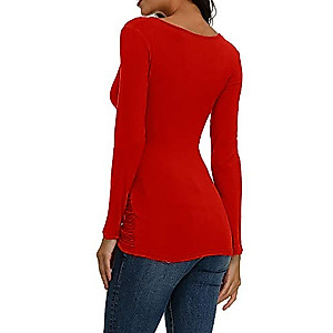 ALLEGRACE Women Sexy Open V Front Wrap Pleated Slim Top Tee Cross Hem Long Sleeve Ruched T Shirt Orange Red L
