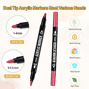 SUNEE 24 Colors Acrylic Paint Pens, Dual Tip Marker Pens With Medium Tip and Brush Tip, Paint Markers for Rock Painting, Wood, Canvas, Stone, Glass, Ceramic Surfaces, DIY Crafts Making Art Supplies