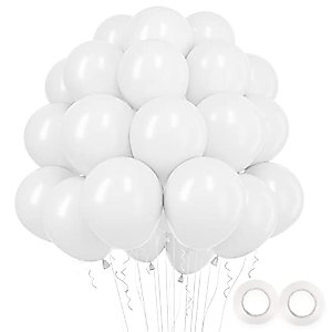 RUBFAC White Balloons Latex Party Balloons 100pcs 12 Inch Helium Balloons for Wedding Bridal Baby Shower Graduation Anniversary Birthday Bachelorette Party Decoration, White Ribbon