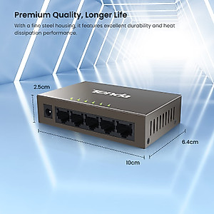Tenda TEF1005D, 5-Port 10/100Mbps Fast Ethernet Unmanaged Switch, Network Hub, Ethernet Splitter, Plug & Play, Fanless Metal Design, Desktop or Wall Mount, Limited Lifetime Protection