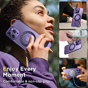 Juntone for iPhone 14 Pro Max Case with 360° Rotatable Magnetic Ring[Compatible with Magsafe][Invisible Kickstand] 12FT Military Shockproof Translucent Matte Back Slim Phone Cover 6.7", Purple